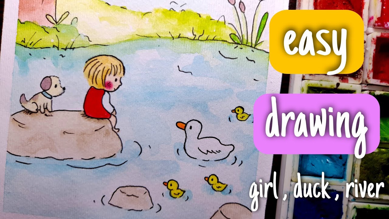 easy drawing | Watercolor painting of a girl and her dog by the river ...
