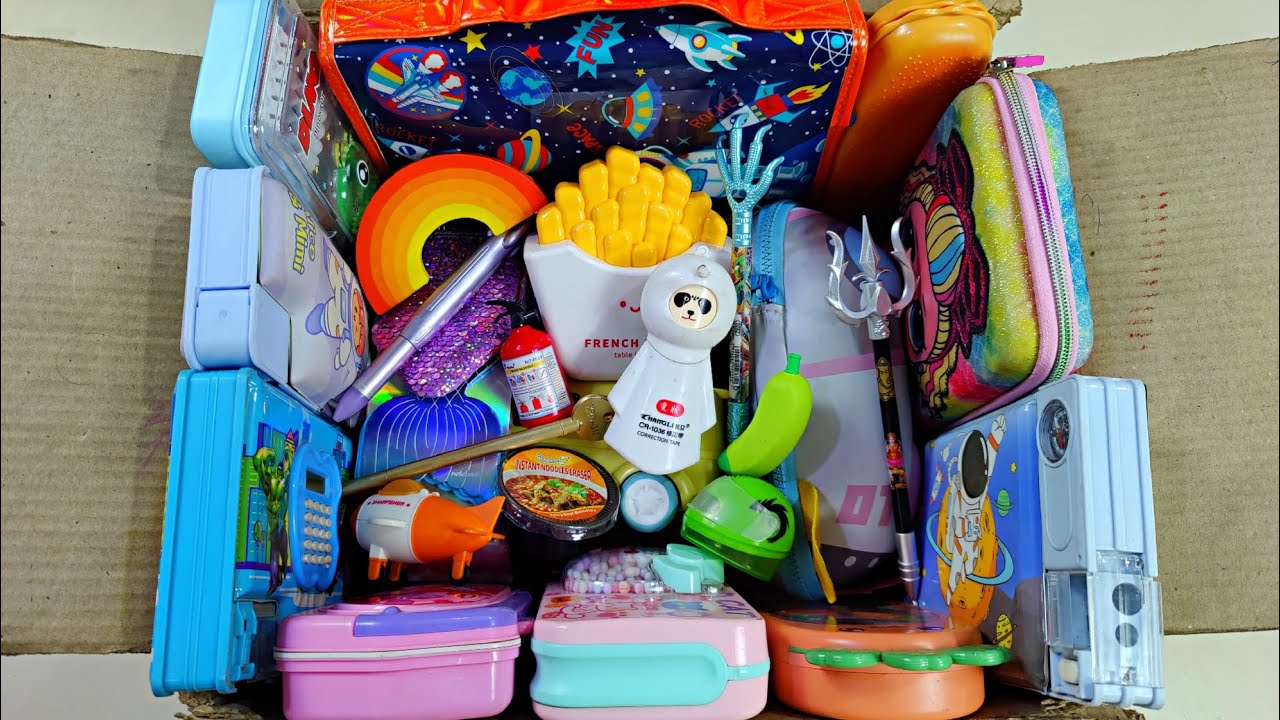 Unboxing the stationery items, geometry box, pencil sharpener, pencil ...