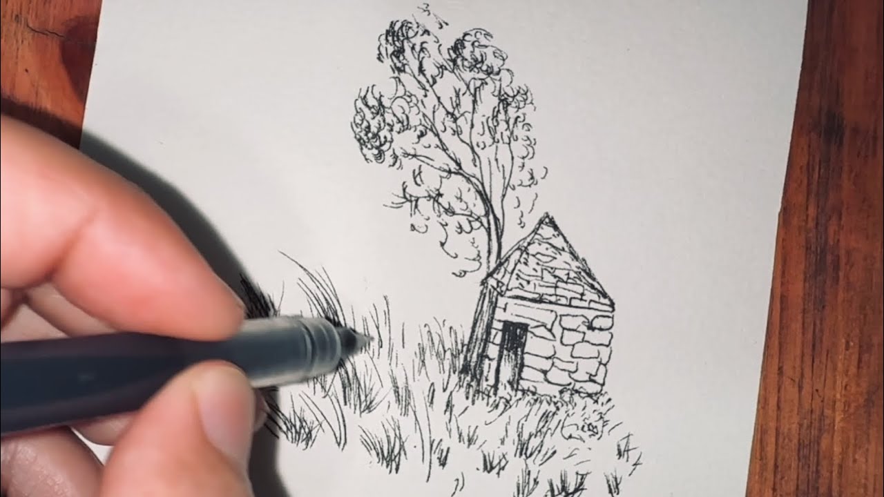 🤍How to draw a landscape with pen and ink easy drawing 🤗Cómo dibujar un ...