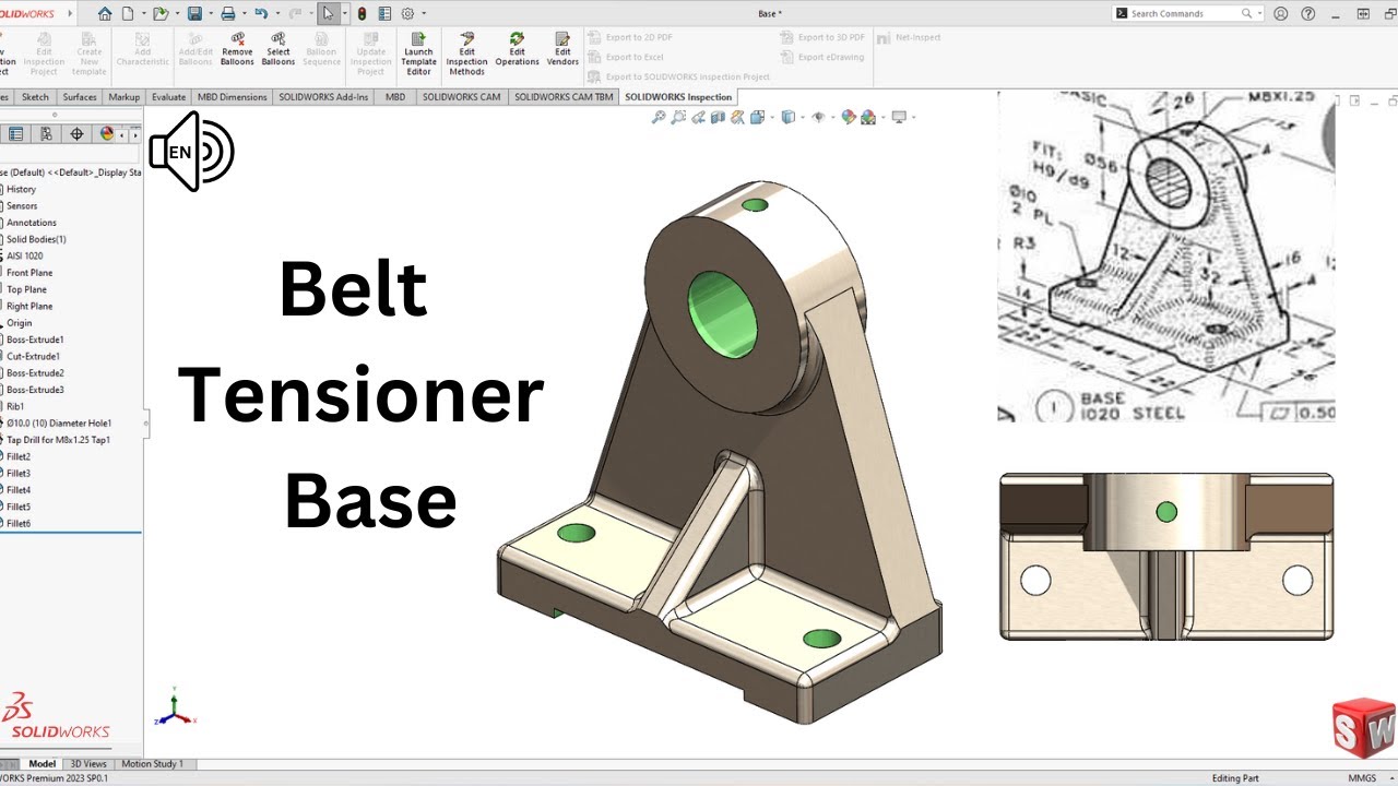 Belt Tensioner Base SolidWorks Tutorial 2025! Exercise 146 - YouTube