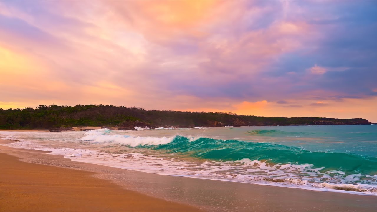 Colourful Sunset Afterglow on the Beach with Turquoise Waves | Relaxing ...