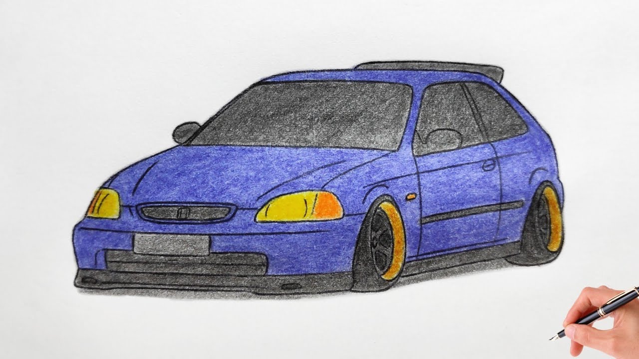 How to draw a HONDA CIVIC HATCHBACK 1996 / drawing a 3d car / coloring ...