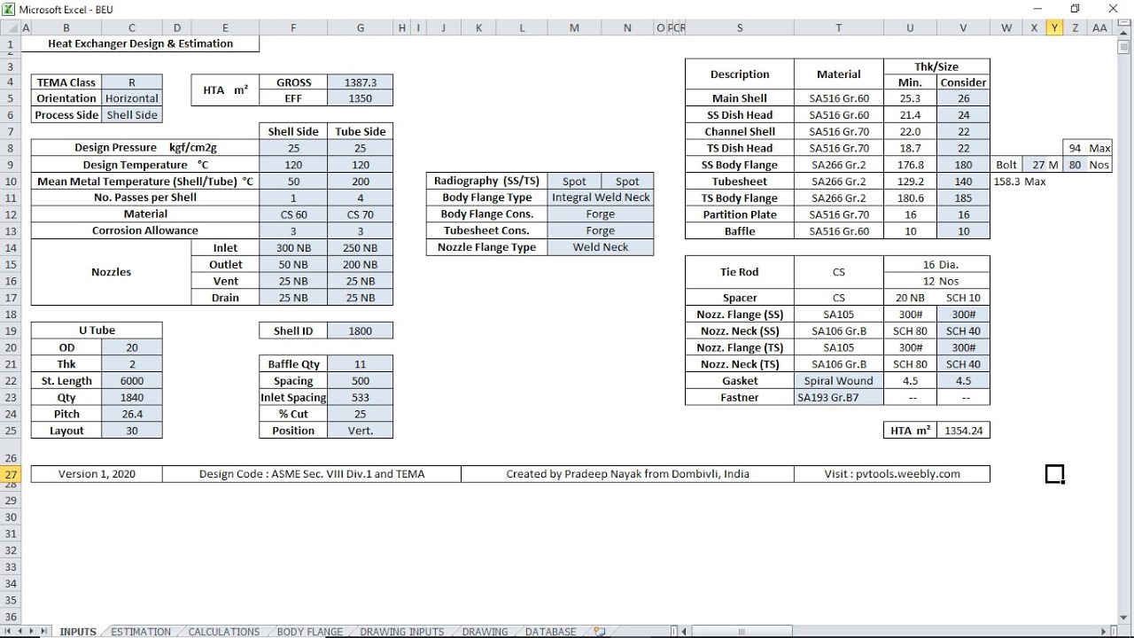 Shell & Tube Heat Exchanger BEU Design & Cost Estimation | Excel ...