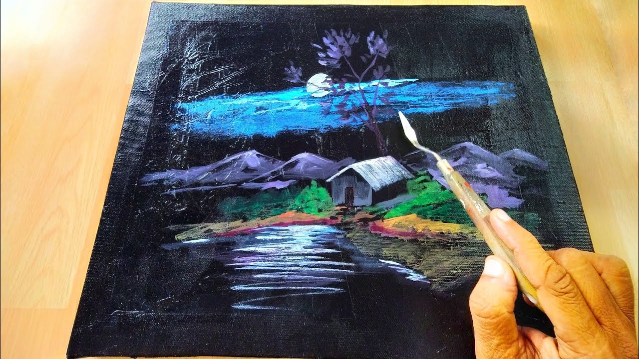 Acrylic Painting tutorial |10 min tutorial | black canvas art | Night ...