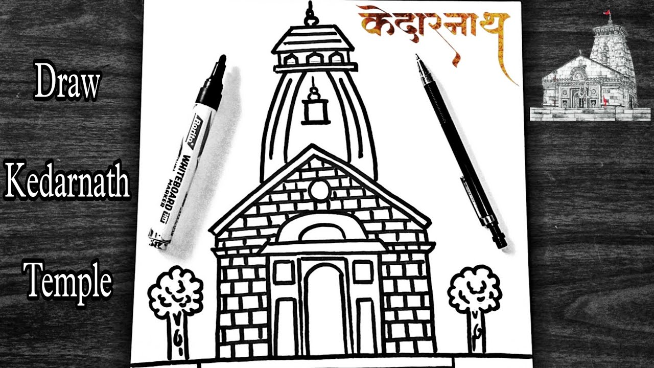 How to draw Kedarnath Temple from a black marker pen & a pencil || Easy ...