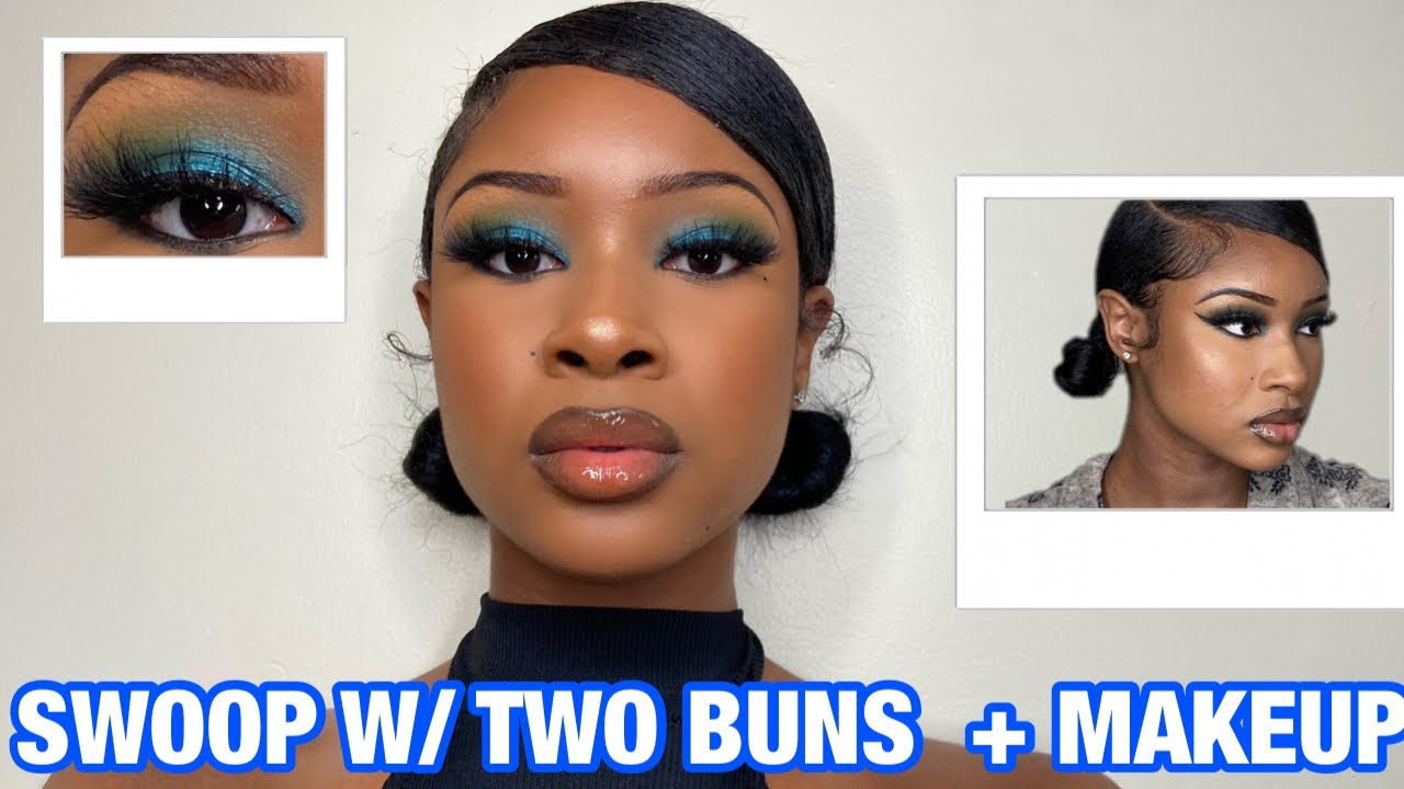 GRWM | SWOOP WITH TWO LOW BUNS TUTORIAL + Blue Makeup Look - YouTube