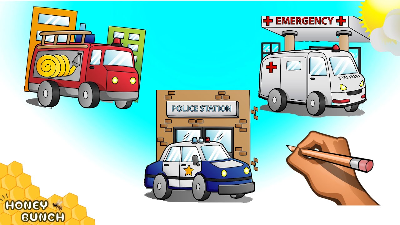 Emergency Vehicles Drawing| Simple Drawing| How to Draw | Honey Bunch ...