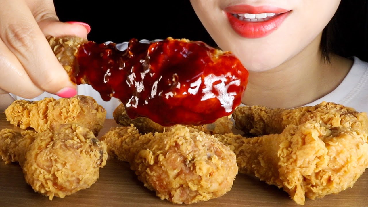 ASMR BBQ Golden Olive Fried Chicken with Fire Sauce | Eating Sounds ...