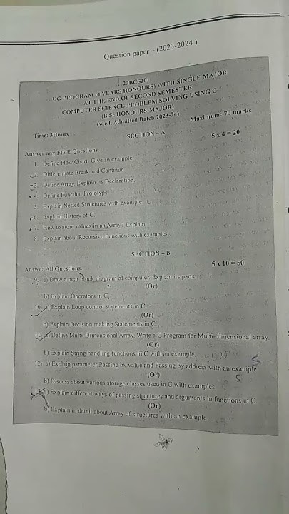 adhikavi nannaya university 2024 to 25 2nd sem problem solving using c important question papers ...