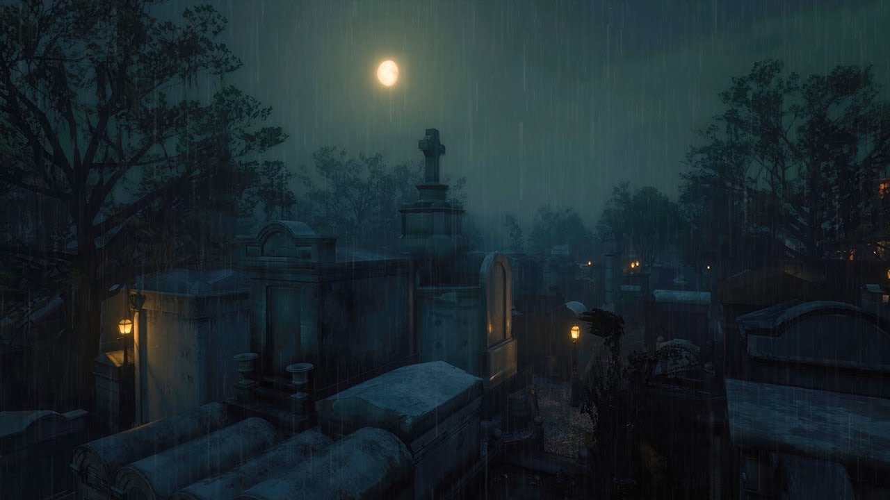 Haunted Cemetery on A Stormy Night with Heavy Rain and Spooky Sounds ...