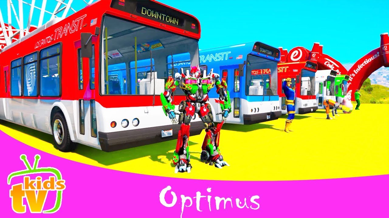 LEARN COLOR BIG BUS with Optimus and SUV CARS Cartoon for kids and ...