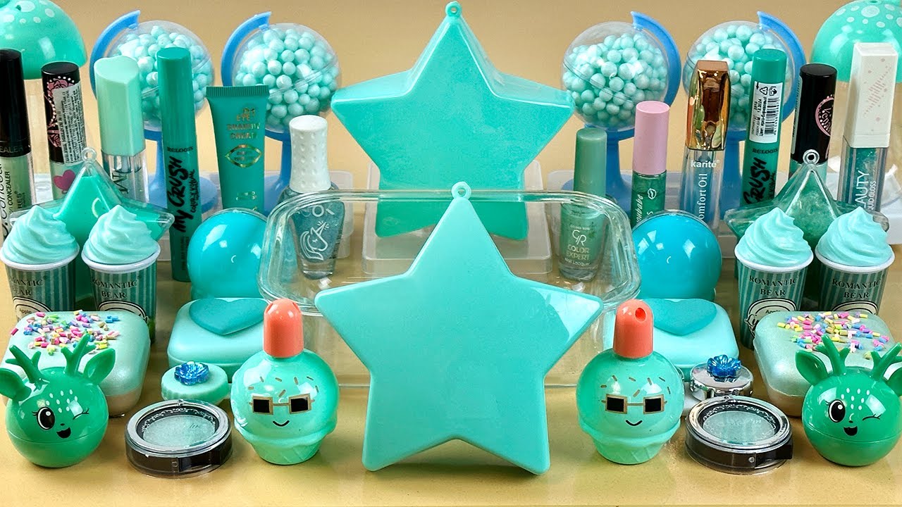 ASMR Slime 💚💦💤 Mixing ”MINT” makeup, Eyeshadow, glitter into slime. Satisfying slime video ...