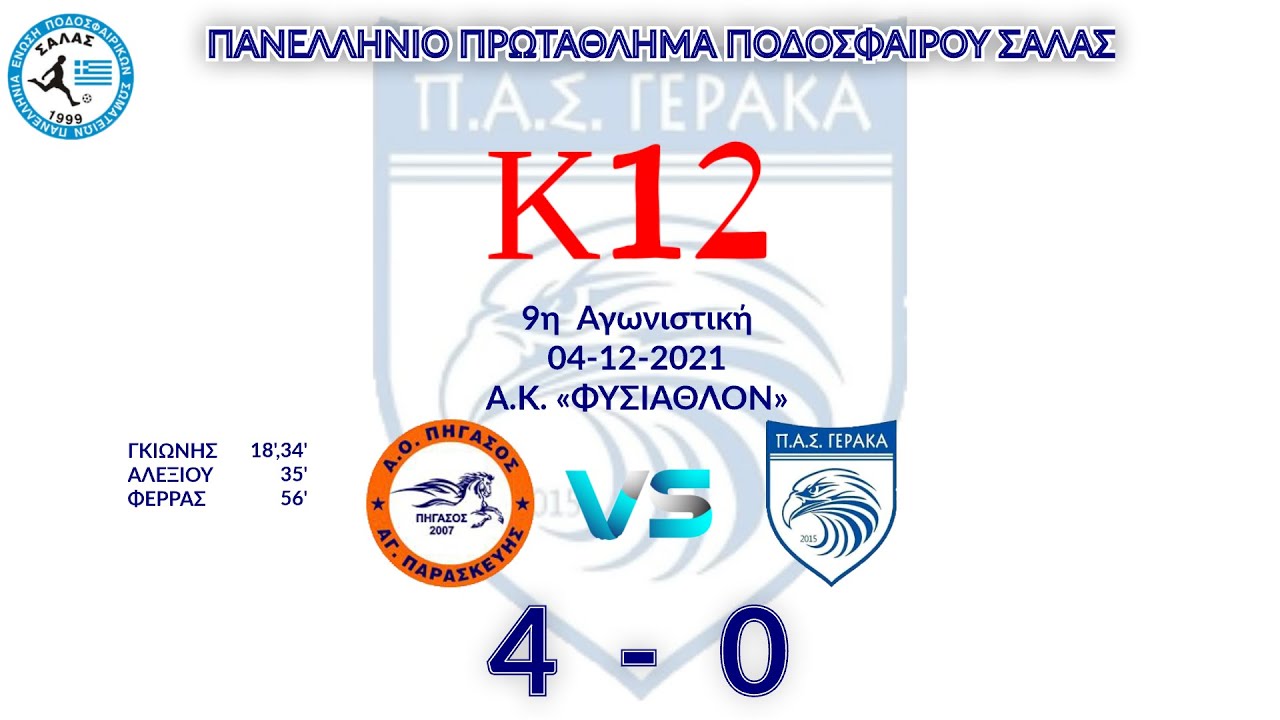 2021-12-04 ΠΡΩΤΑΘΛΗΜΑ ΣΑΛΑΣ (Κ12) ΠΗΓΑΣΟΣ Α.Π. - ΠΑΣ ΓΕΡΑΚΑΣ - YouTube