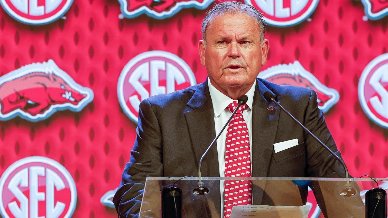 SECMD24: Razorbacks coach Sam Pittman on main stage before media - YouTube