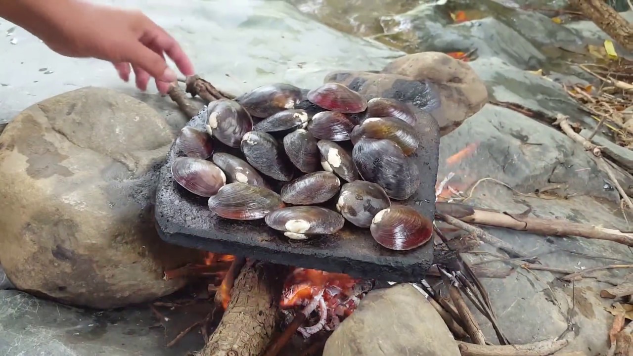 Primitive Technology - Finding shellfish cooking in the rock - cooking ...
