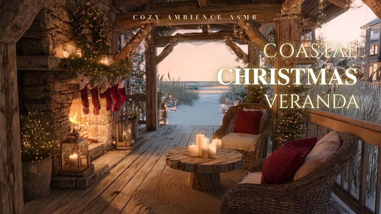 Coastal Christmas Veranda🎄 Soft Sunset Wave Ambience & Crackling Fire ...