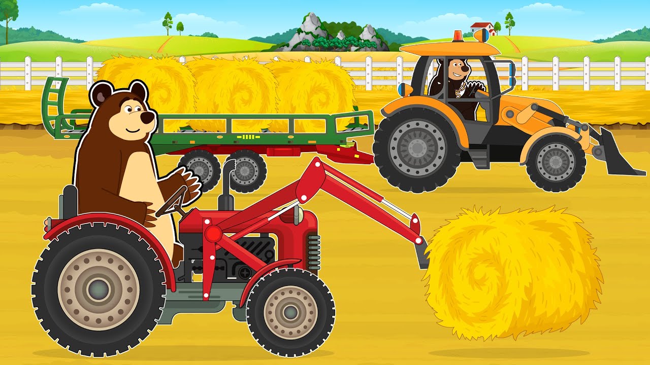 Farmers Works - Front Loader Picking Up Straw Bales and Tractor Work on ...