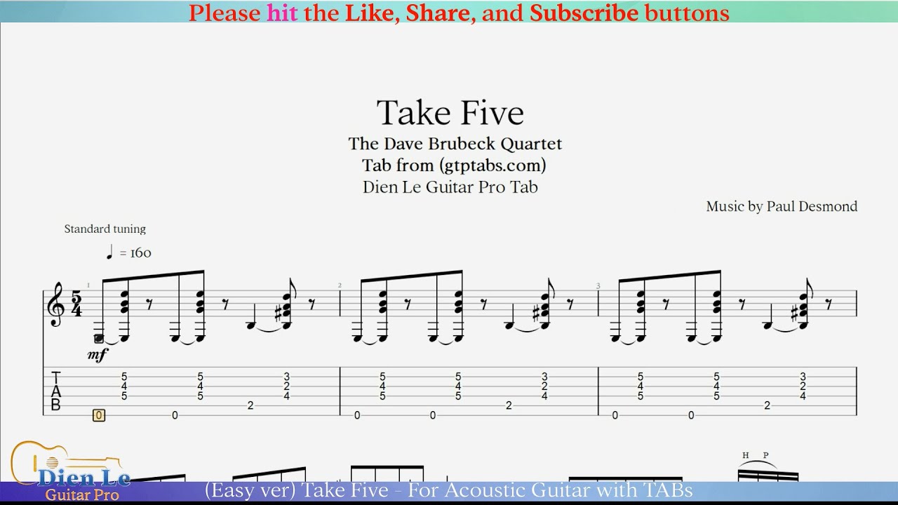 (Easy ver) Take Five - For Acoustic Guitar with TABs - YouTube