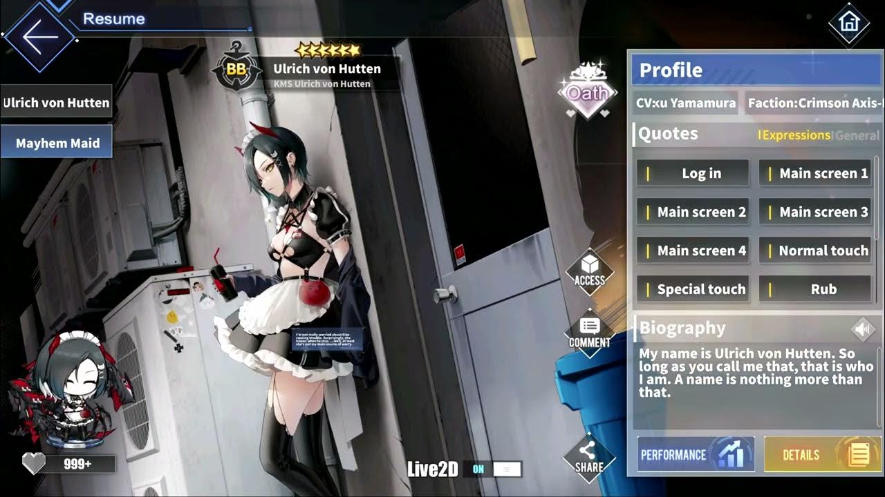 Azur Lane: KMS Ulrich von Hutten L2D Skin Talk & Move (Mayhem Maid) - YouTube
