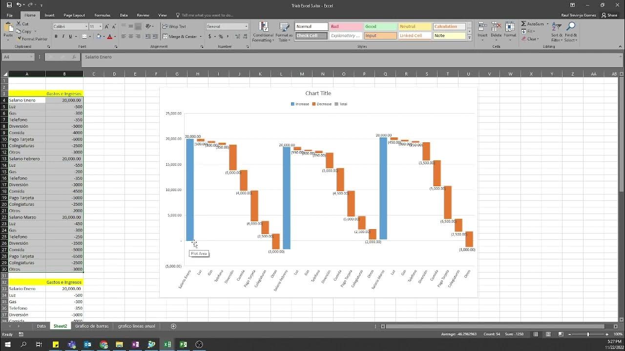 Como realizar Grafico de CASCADA, ESCALERA o WATERFALL en Excel - YouTube