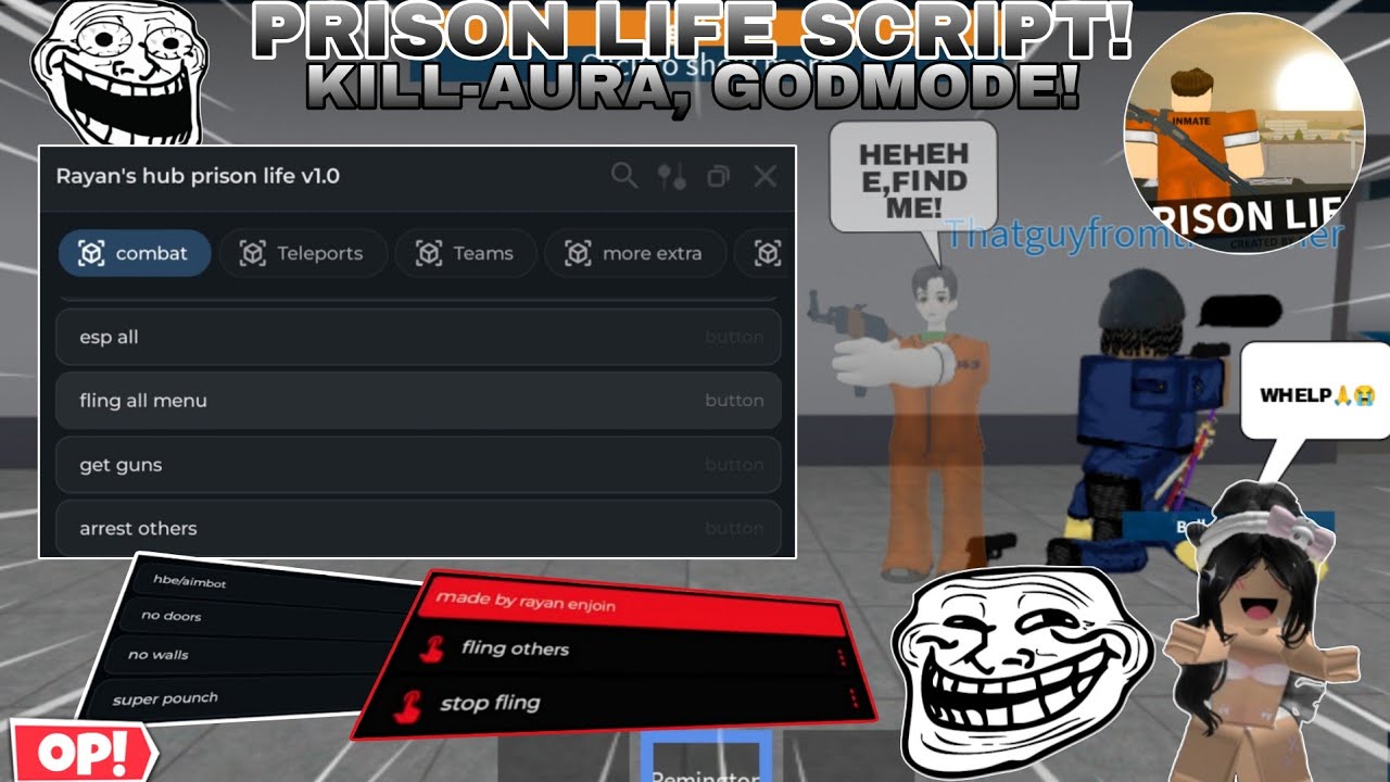 Prison Life GUI KEYLESS Script🔥 Roblox *OP* Invisible,Fling All menu ...