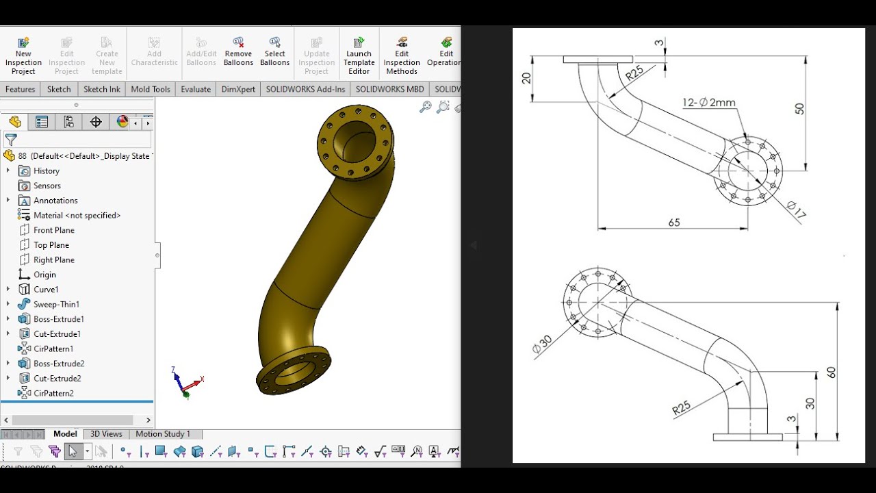Curved Shape 3D pipe Drawing SOLIDWORKS tutorial - YouTube