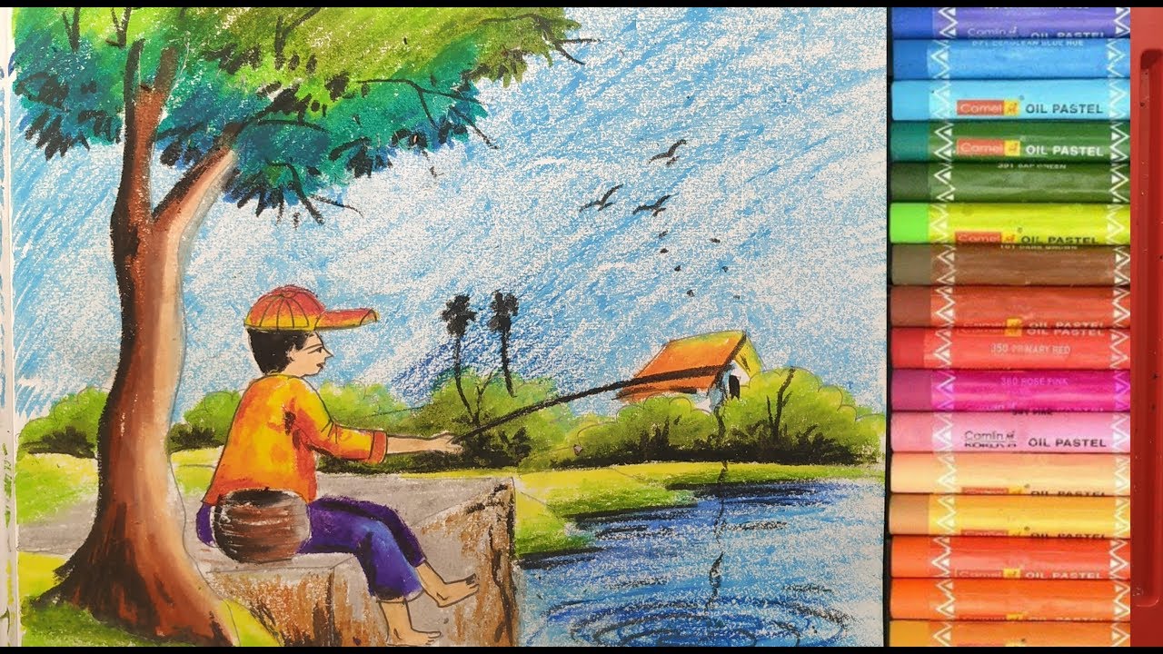 Fishing boy- fishing boy drawing with oil pastel colour in very simple ...