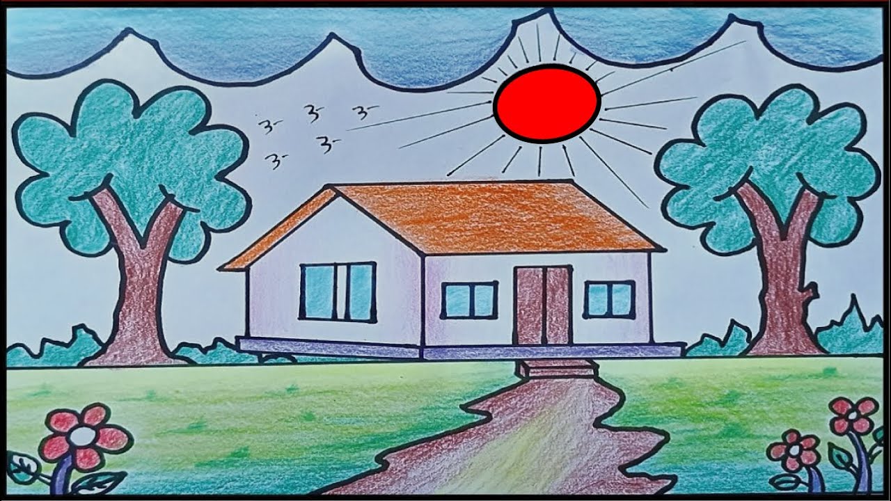 How to Draw Beautiful Scenery Drawing | Very Easy Drawing & Coloring ...