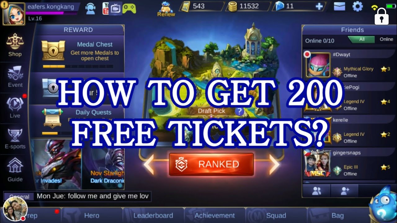 MOBILE LEGENDS - HOW TO GET 200 FREE TICKETS IN MOBILE LEGENDS - FREE ...