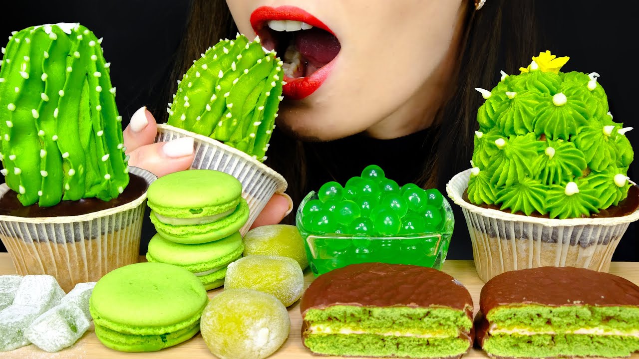 ASMR EDIBLE CACTUS, GREEN FOOD,GREEN macarons, popping boba EATING SHOW ...