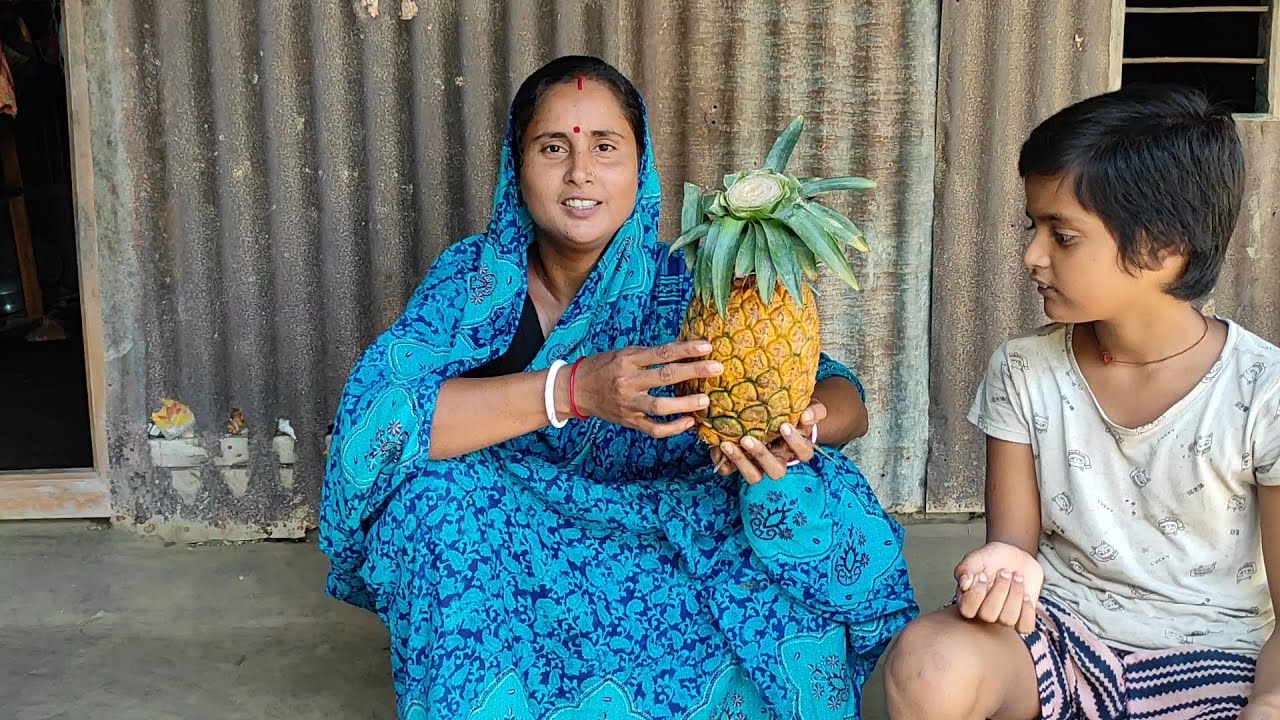 Our simple village cooking || আনারস দিয়ে টক তরকারি রান্না । our ...