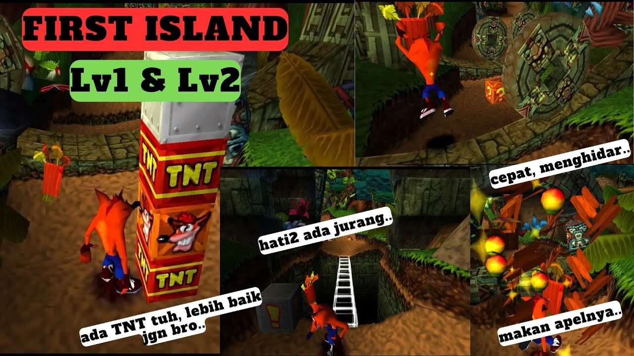 CRASH BANDICOOT PlayStation 1 - FIRST ISLAND: Lv1. N. Sanity Beach and Lv2. Jungle Rollers ...