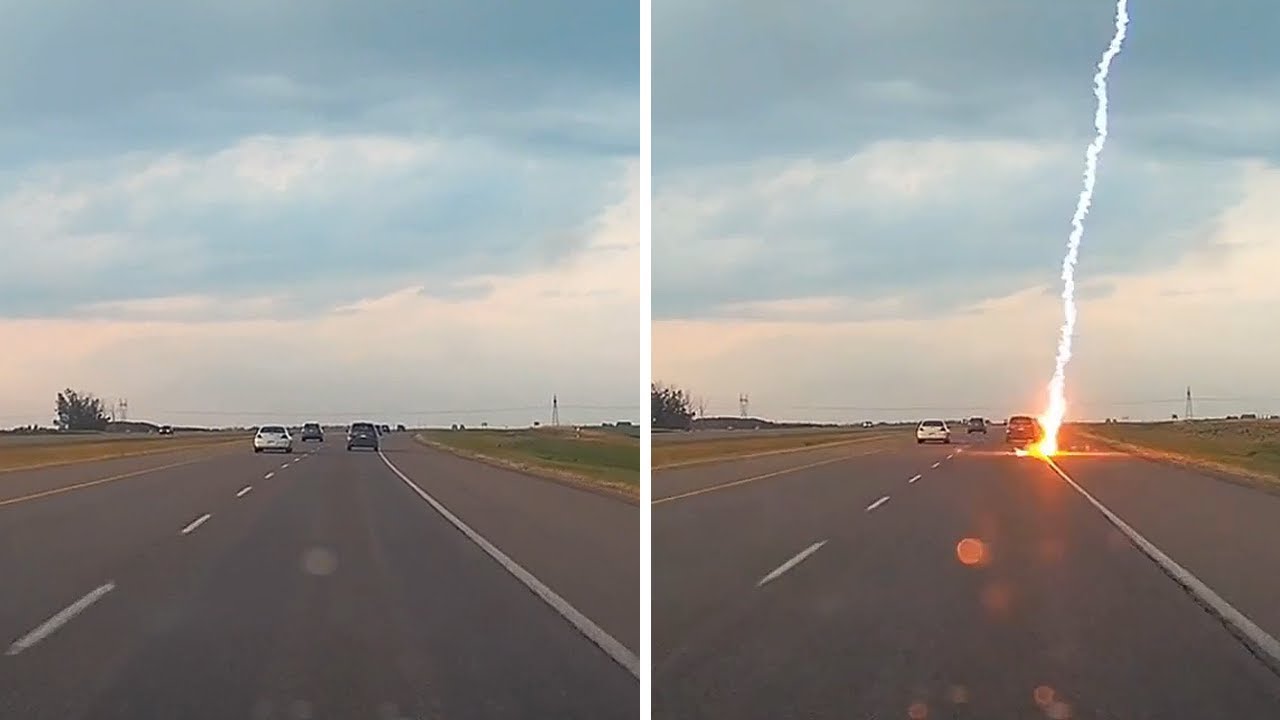 Video shows intense moment lightning nearly strikes car - YouTube