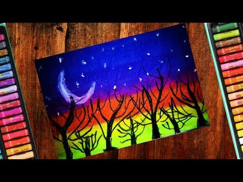 How To Draw Night Time Jungle Scenery With Moon Light Night with soft ...