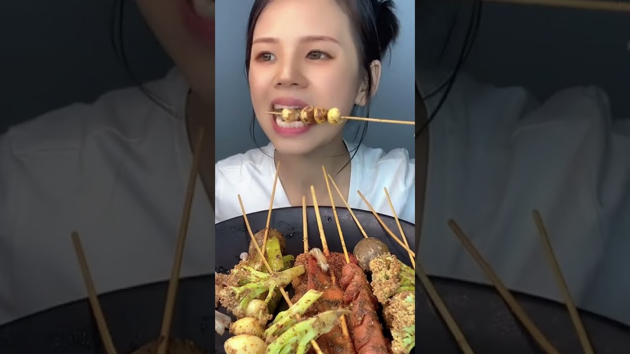 pretty girl eating frog and vegetables skewer. yummy ASMR food. - YouTube
