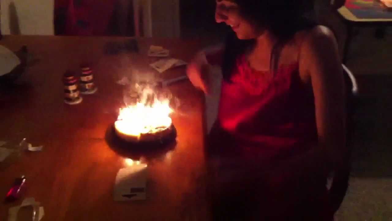 Birthday cake on fire! - YouTube