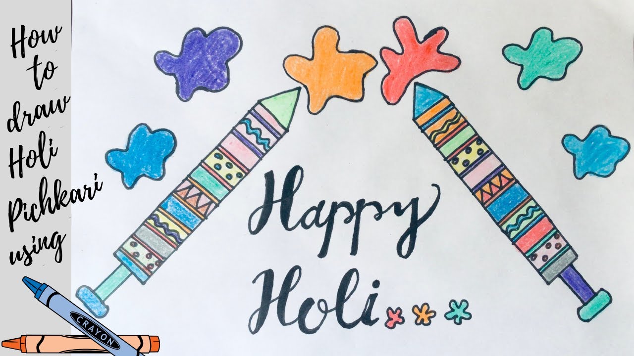 How to Draw Holi Pichkari | Holi Drawing for Kids | Happy Holi Drawing ...