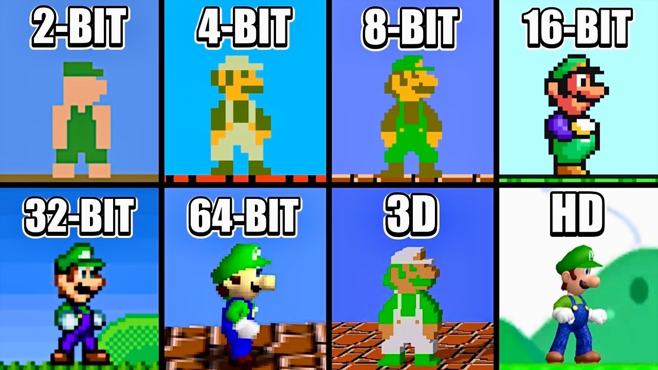 Super Luigi Bros 2 BIT Vs 4 BIT Vs 8 BIT Vs 16 BIT Vs 32 BIT Vs 64 BIT
