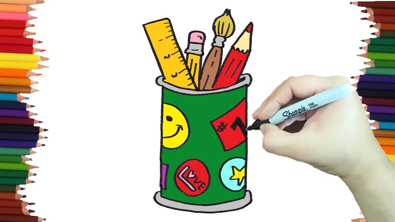 Como dibujar UN TARRITO DE UTILES ESCOLARES paso a paso y MUY FACIL ...