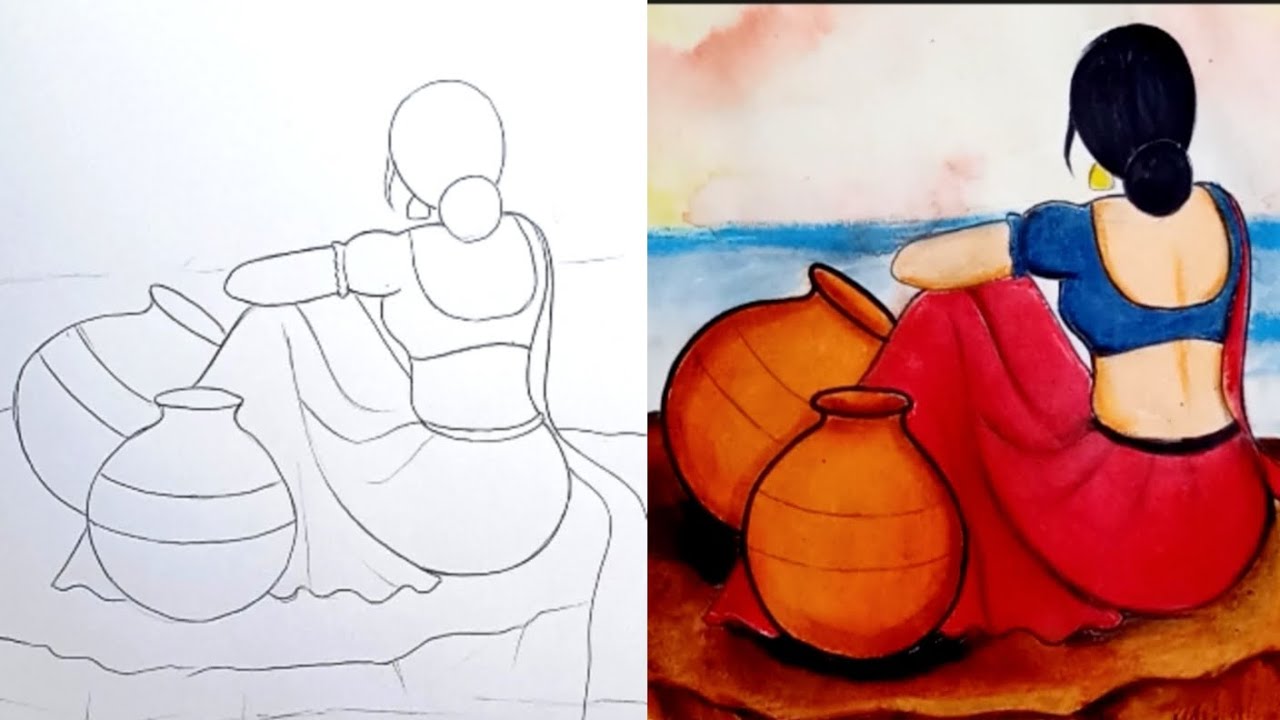 how to draw lady back side with matka #Trailermood #easyartchannel # ...