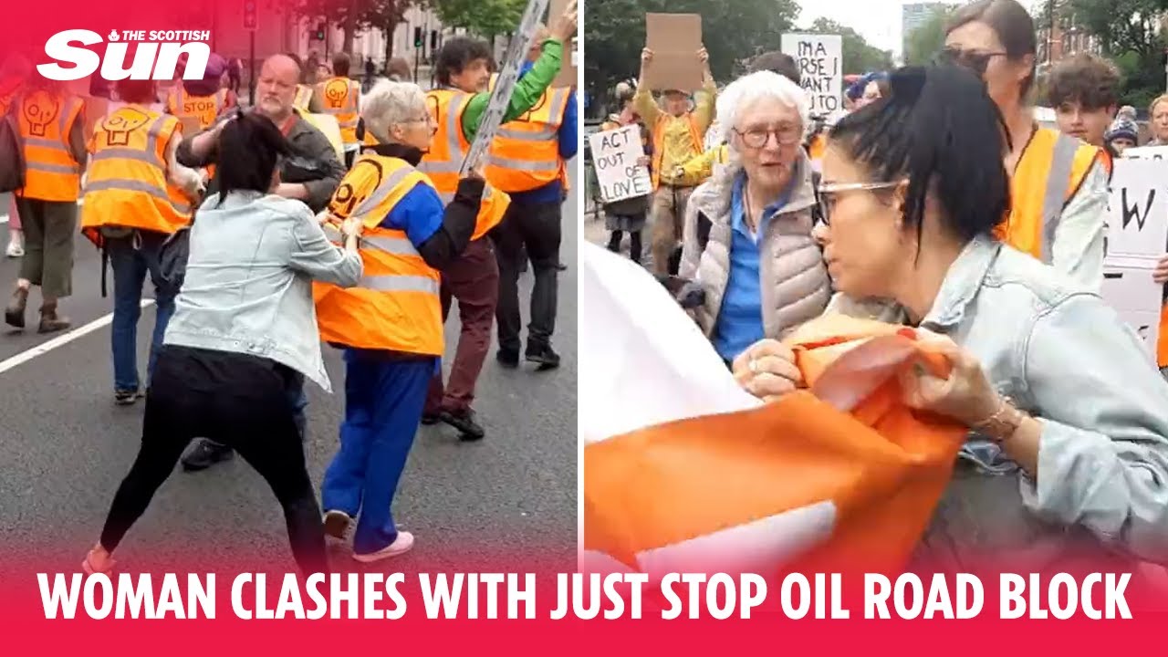 Woman clashes with Just Stop Oil as ANOTHER protest blocks roads - YouTube