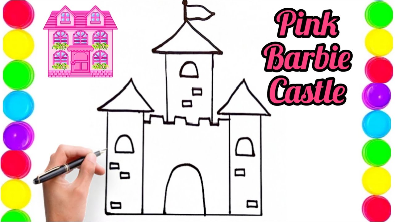 PINK BARBIE CASTLE DRAWING 💞🏰 FOR KIDS, BEGINNERS WITH COLORING - YouTube