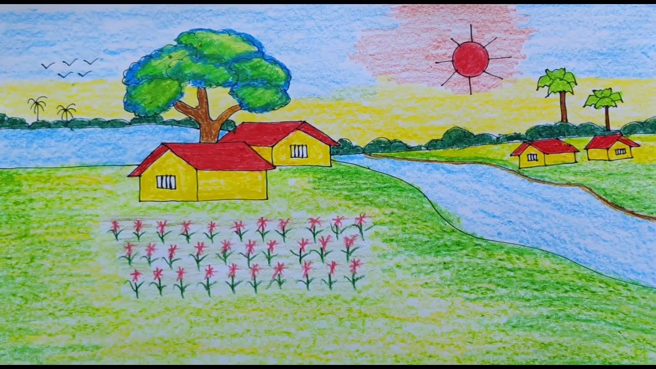Beautiful Flower House Scene Drawing Tutorial | Step By Step Art Method ...