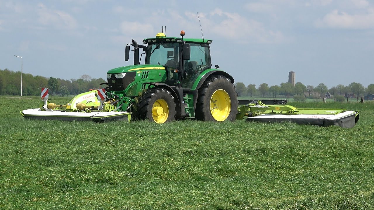 Gras maaien bij Eshuis deel 2 : John Deere 6155R en Claas Disco triple ...