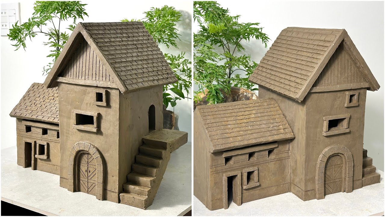 How to build a modern clay house with trees and hills in the background ...