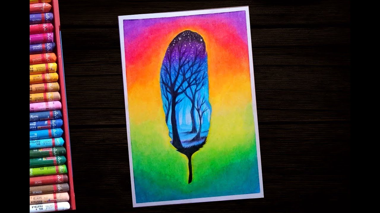 Drawing a bird feathers with trees | step by step | oil pastel colour ...