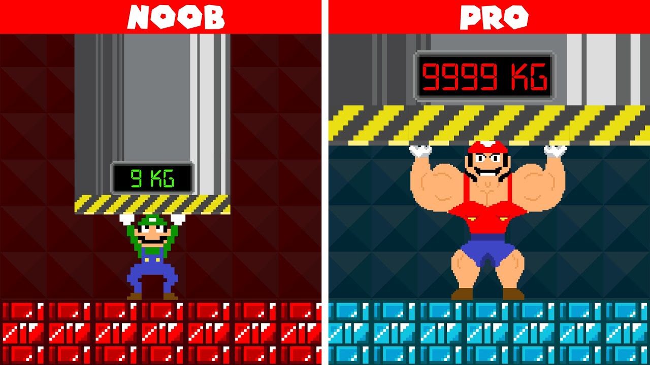 Super Mario Bros., NOOB vs PRO: Muscle Challenge – Luigi vs Mario ...