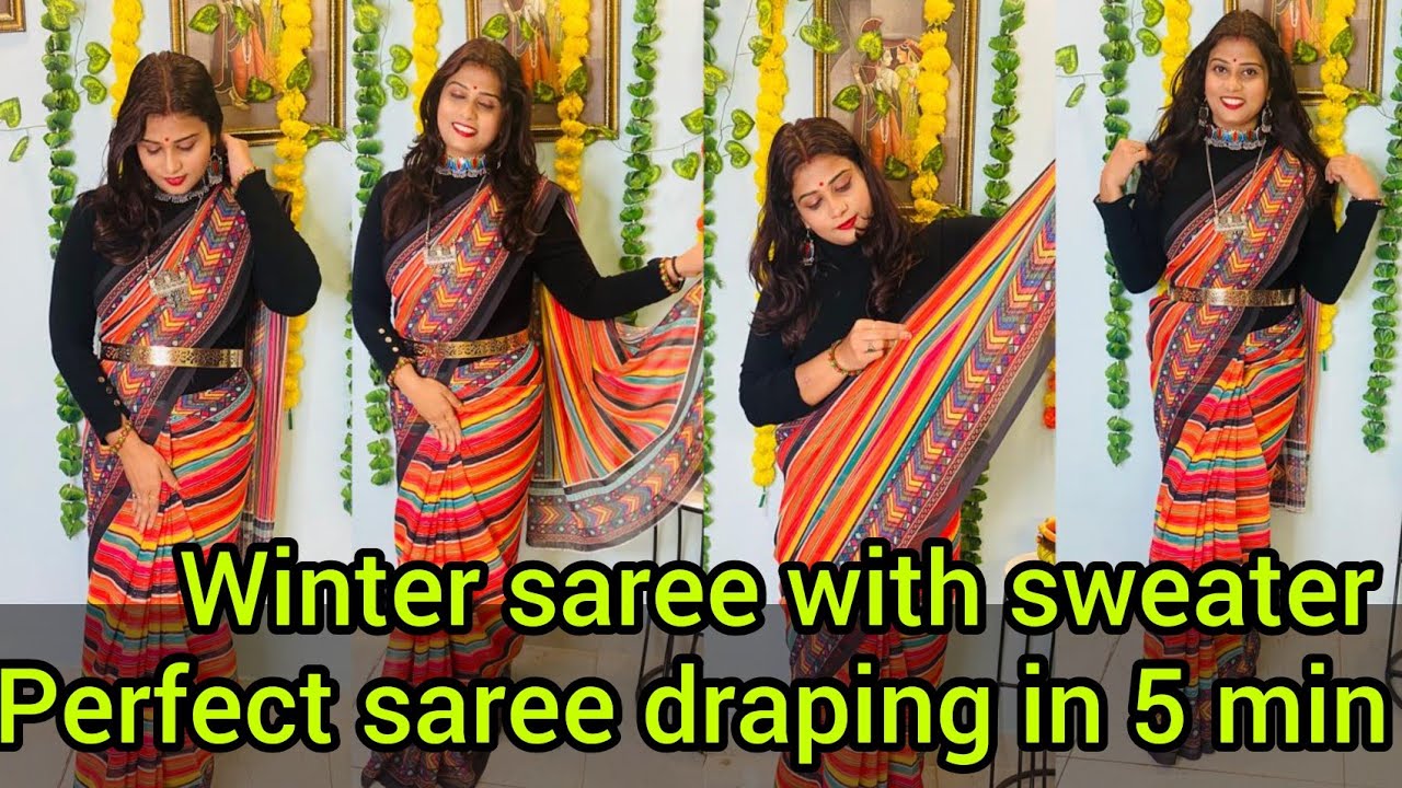 perfect saree draping in just 5 min|winter saree look|winter saree with ...