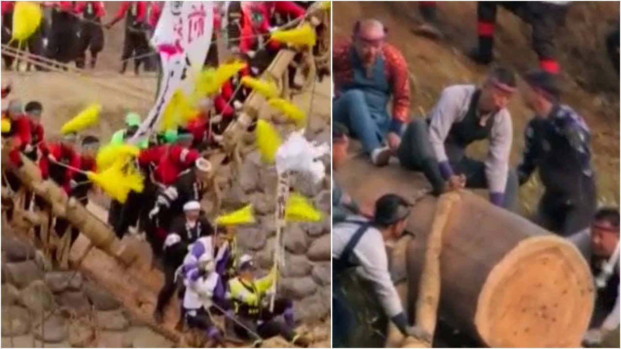 How Japanese men risk lives in ancient log-riding festival - YouTube