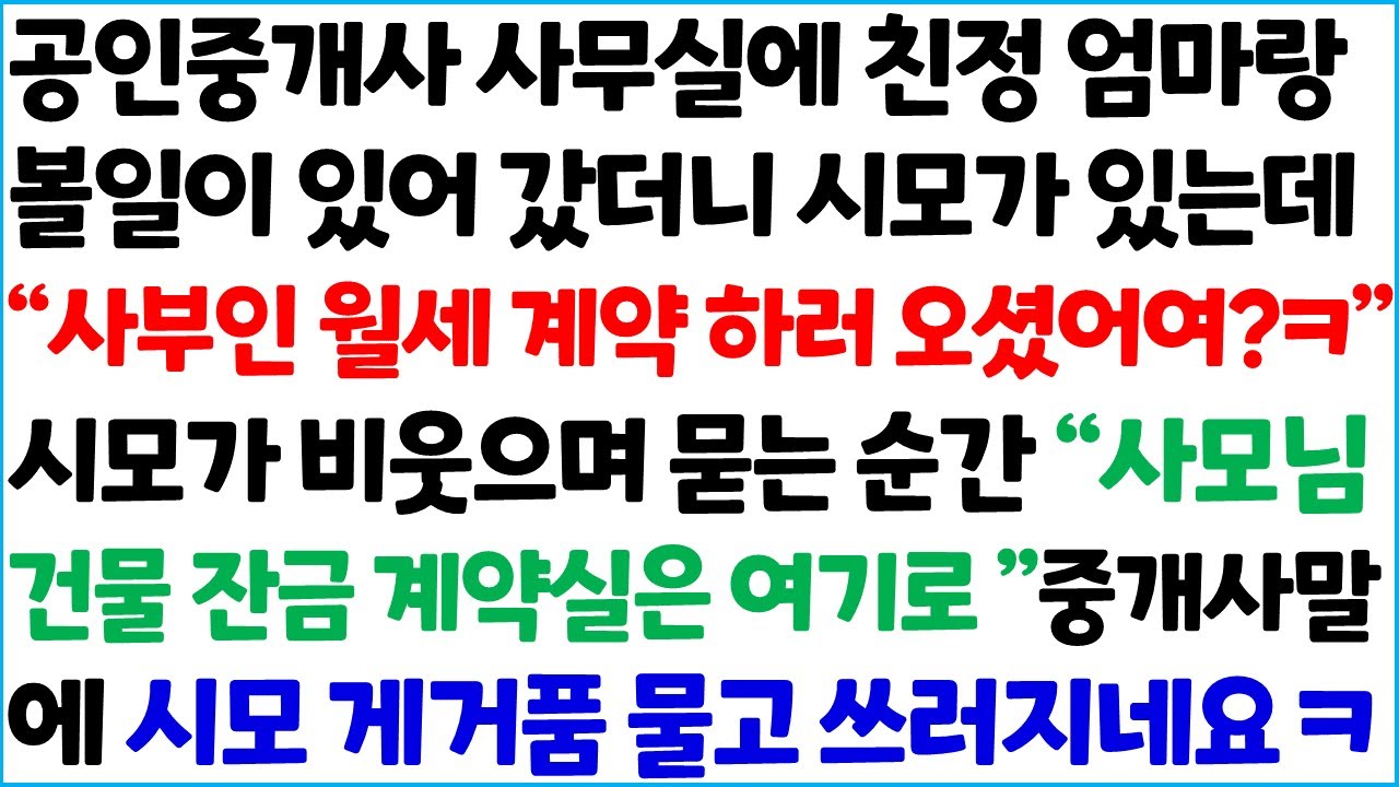 반전사이다사연 공인중개사 사무실에 친정 엄마랑 볼일이 있어 갔더니 시모가 있는데 사부인 월세 계약 하러 오셨어요 ㅋ
